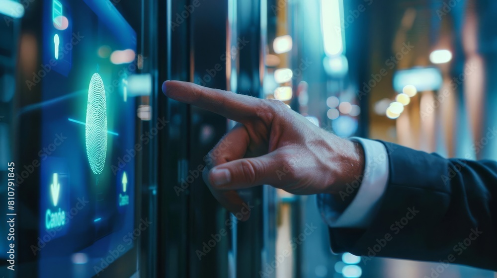 Security professional demonstrating a biometric fingerprint scanning ...