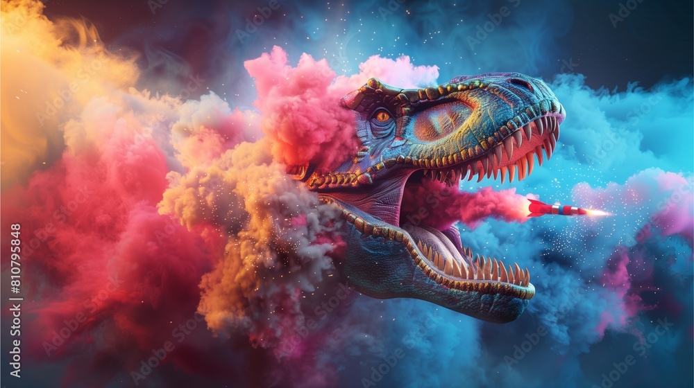 3D rendering of a Tyrannosaurus Rex head exploding with multi-colored ...