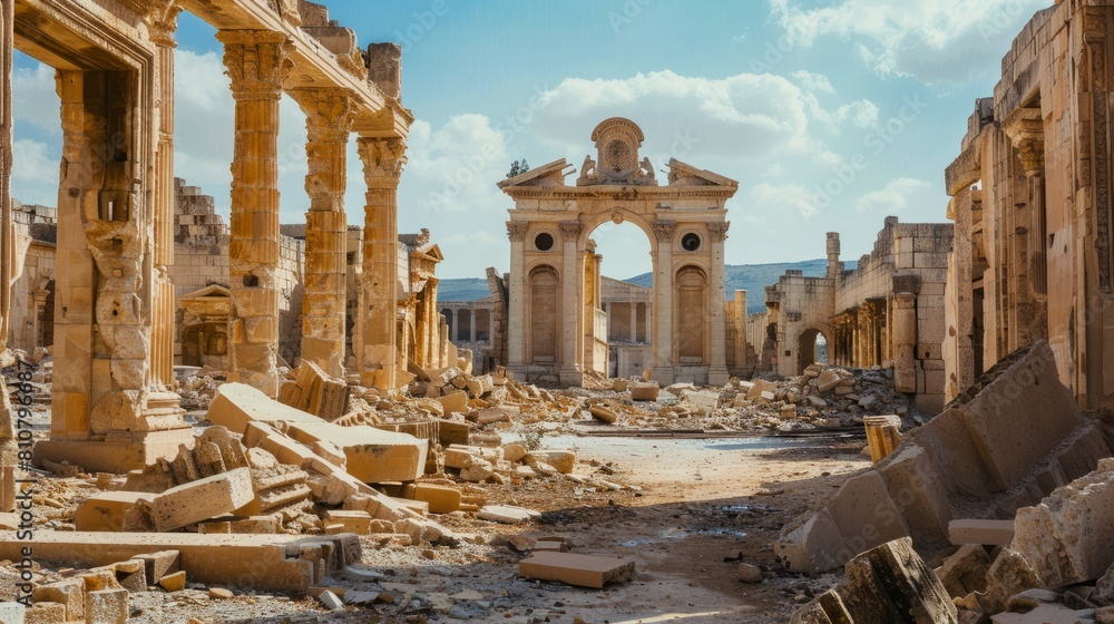 Cultural Loss: Show the ruins of iconic landmarks and cultural heritage ...