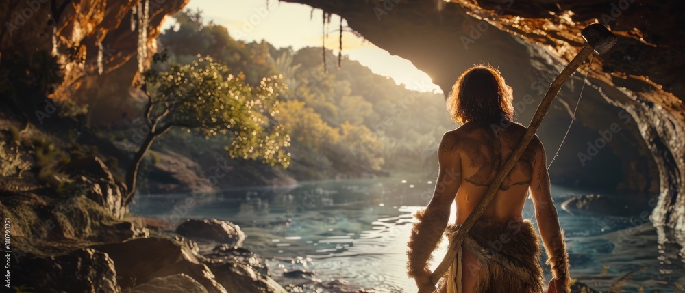 Caveman wearing animal skin holding stone hammer stands near cave ...