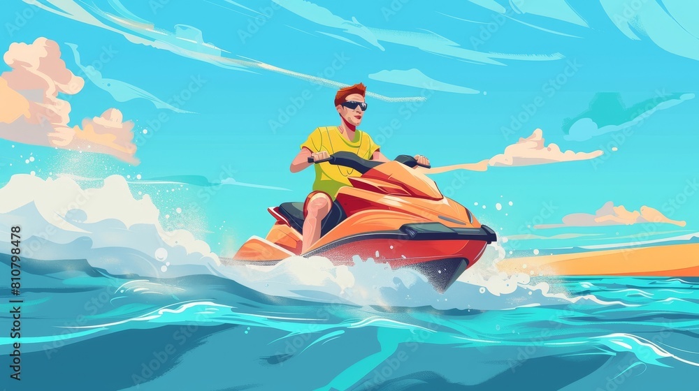 Watersports illustration of man on jet ski in sea. Young man ride ...