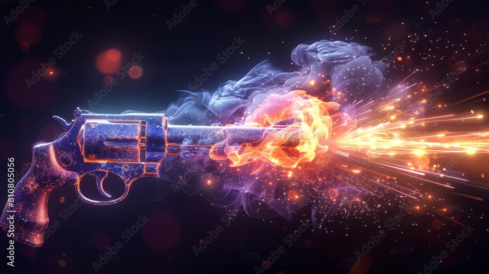 Fire sparks and smoke glow from a gun. Pistol shots clouds, muzzle ...