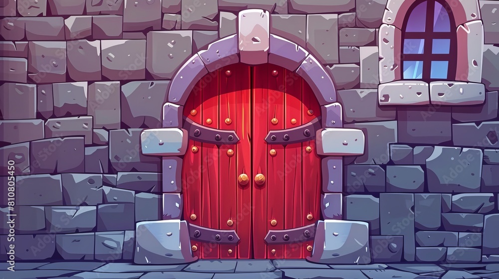 Opening wooden red doors with stone arch and glass window in a cartoon ...