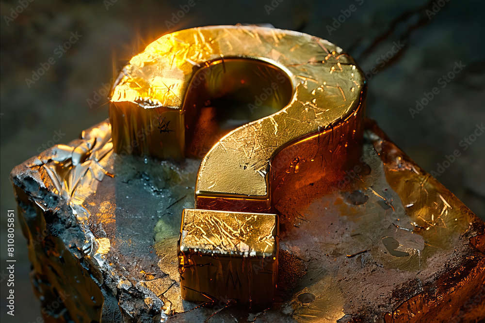 A gold question mark is on top of a rock. The rock is dirty and has a ...