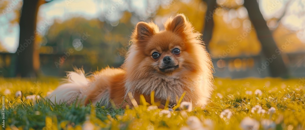 An adorable Pomeranian dog sits, looks at the camera and obeys the ...