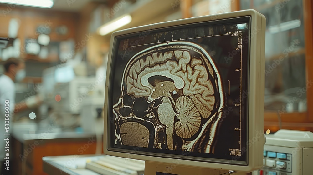 An old-fashioned monitor displaying a tomographic image exemplifies ...