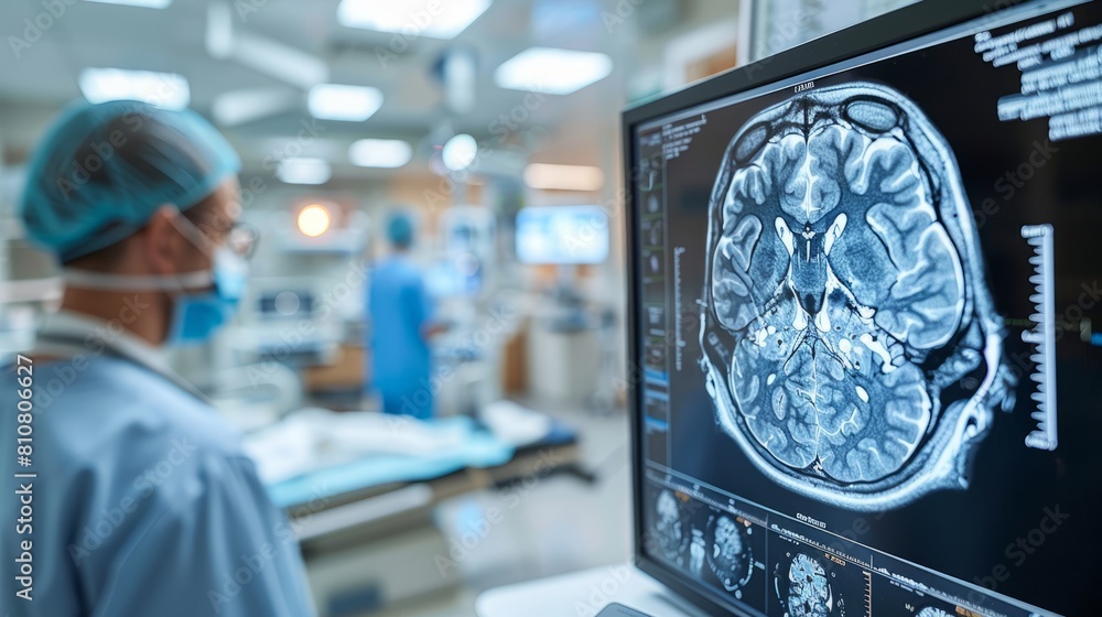 Tomographic scans of a patient's brain on the monitor in a clinic help ...