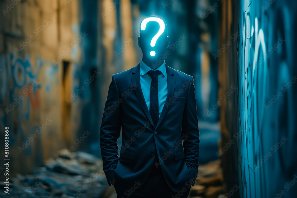 A man in a suit with a question mark on his head. The image has a ...