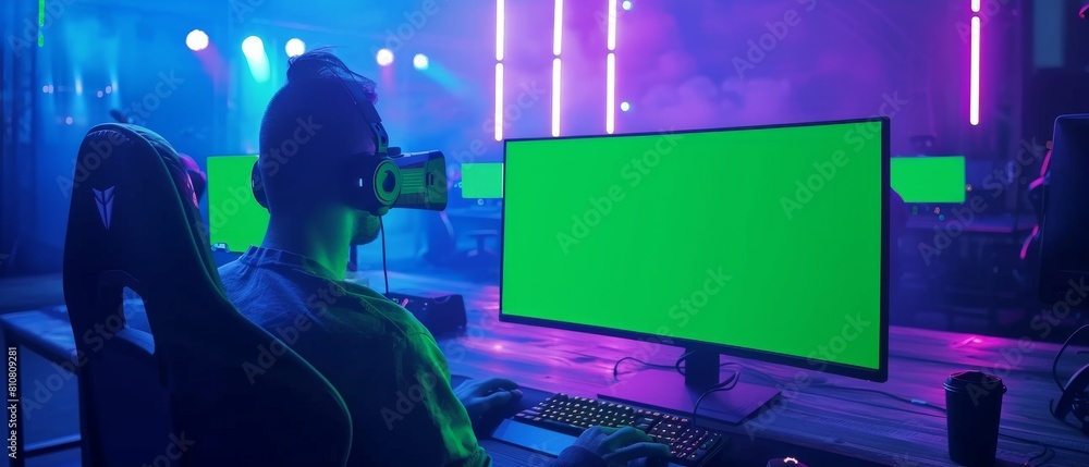 Professional Gamer Plays in a Video Game with a Mock-up Green Screen ...