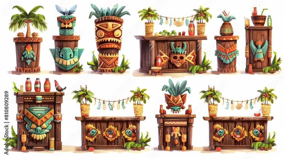 The bartender and wooden tiki bar with tribal masks are isolated on a ...