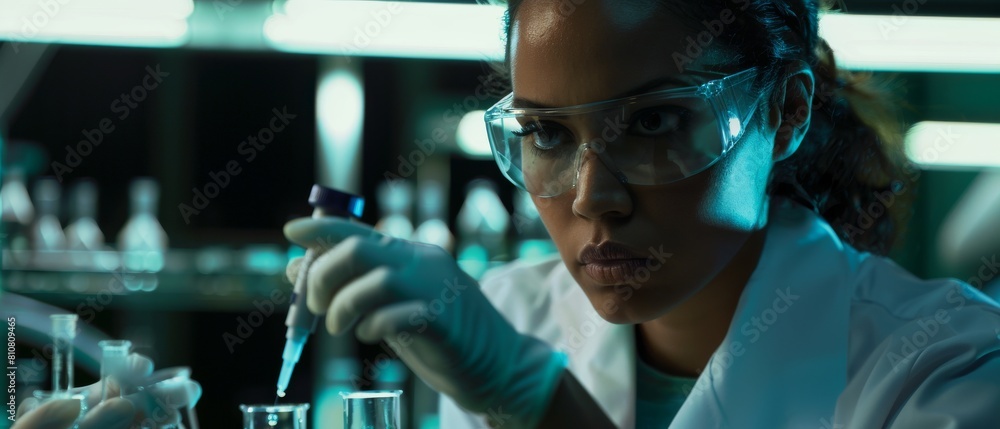 A female researcher mixes liquids in a sample test tube inside a modern ...