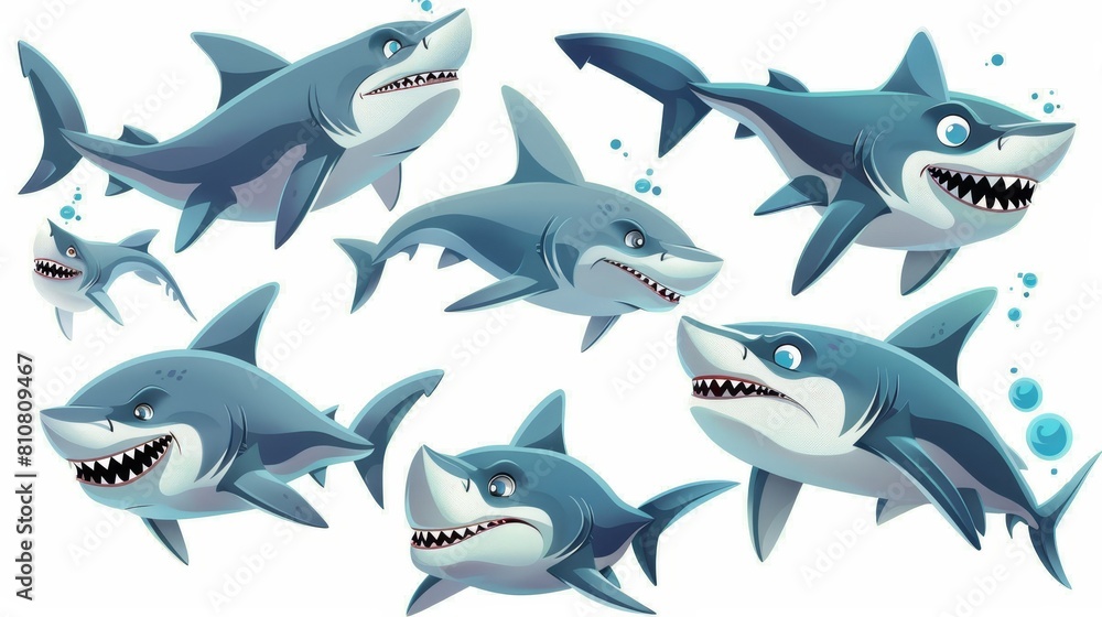 A cute shark cartoon character with a funny muzzle, showing emotions ...