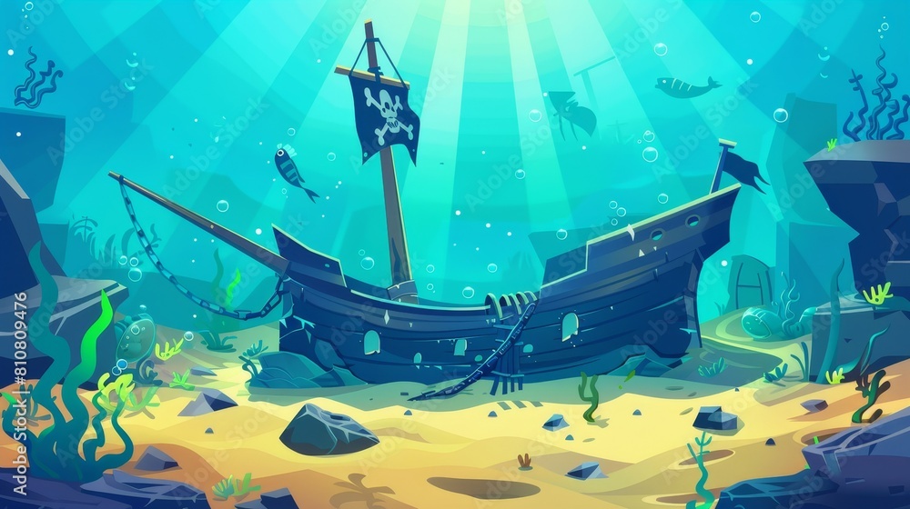 A wreck pirate ship, a sunken filibuster vessel, wooden boat with Jolly ...