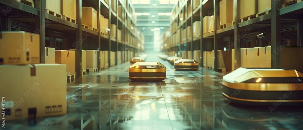 An automated automated retail warehouse AGV robot transports cardboard ...