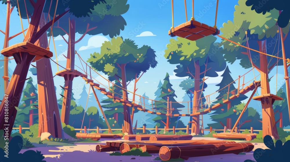 Cartoon modern illustration of an adventure park with obstacles, suspended ladders and wooden ...
