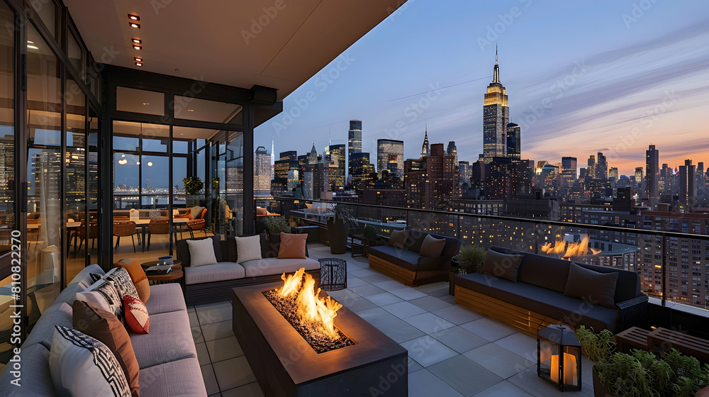 Luxurious rooftop terrace with fire pit, plush seating, and panoramic ...