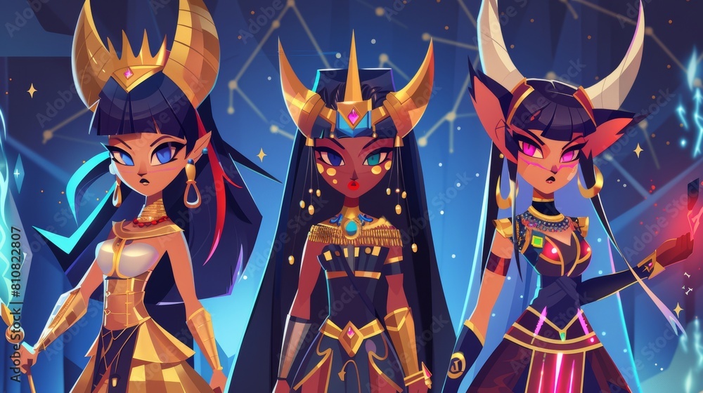 Egyptian goddess and Cleopatra on background of sky with stars. Modern ...