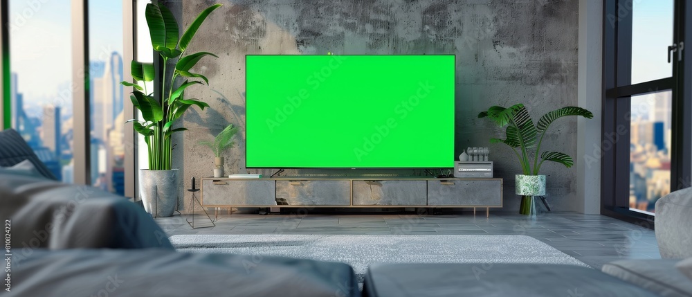 In a modern apartment, a chroma key green screen display is displayed ...