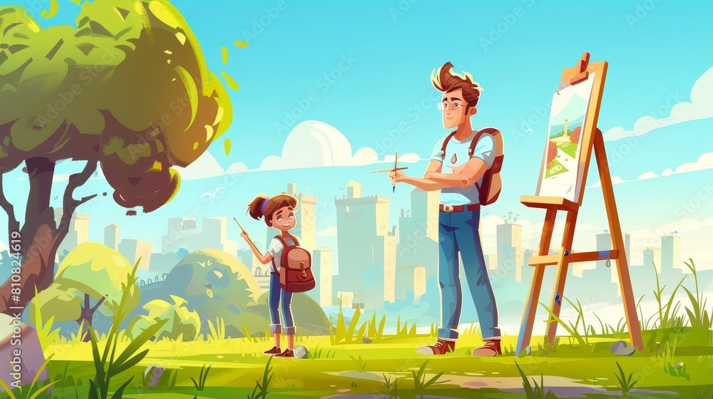 Student Boy Artist Draws Natural Landscape On Canvas Stand On Easel