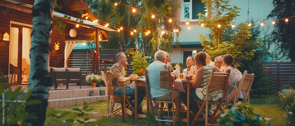 Family and friends enjoy an open air barbecue dinner in their backyard ...