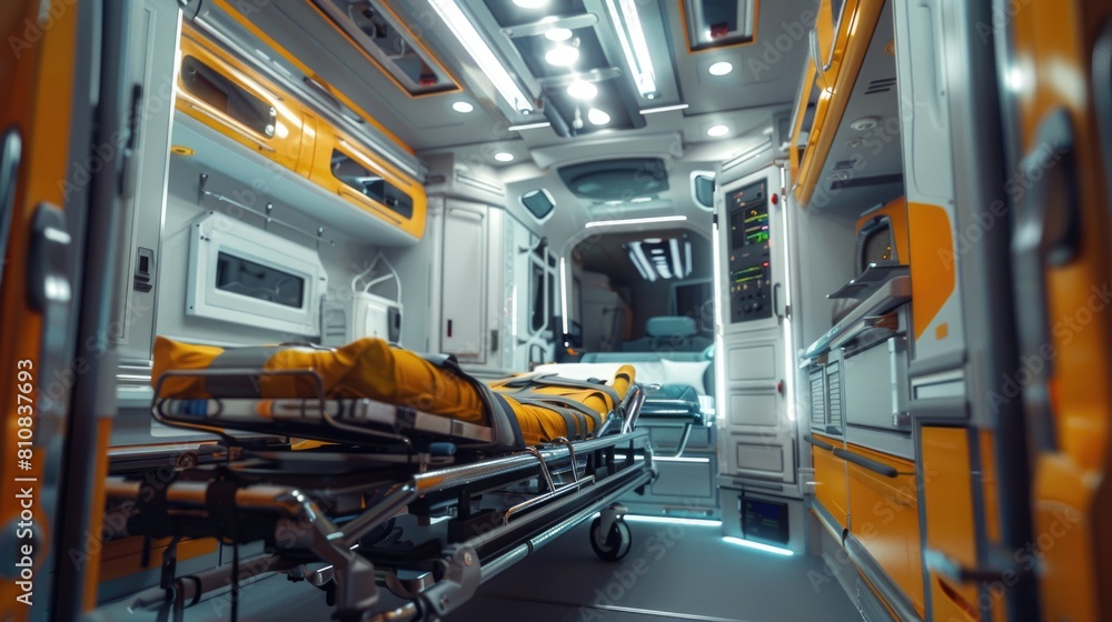 An ambulance with a stretcher loaded in the back, suitable for medical ...