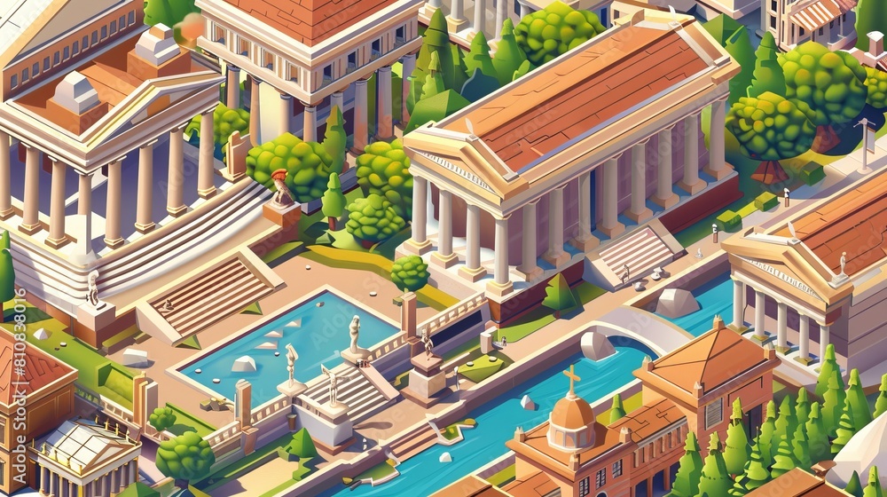 Modern cartoon game background with a Rome isometric landscape with ...