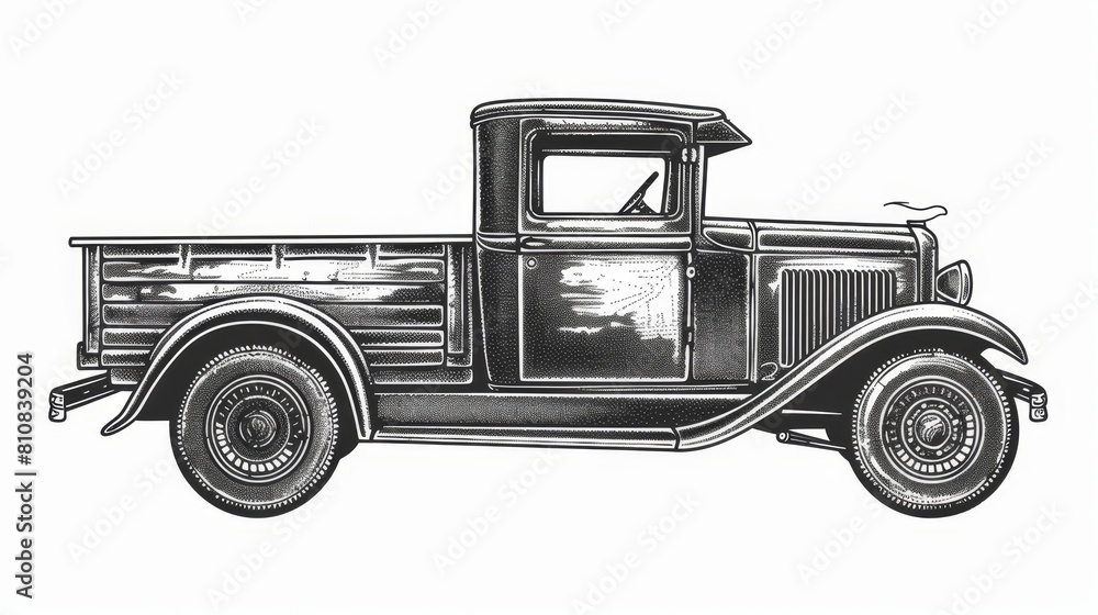 A vintage farmer's pickup truck drawing in etching style. Modern ...