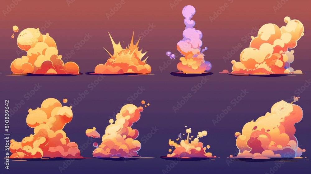 Cartoon clouds, steam explosion vfx animation shot, sequence frame ...