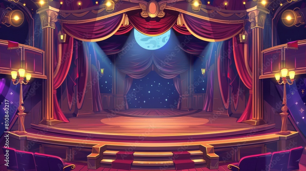 Music hall, opera, drama cartoon background with red curtains ...