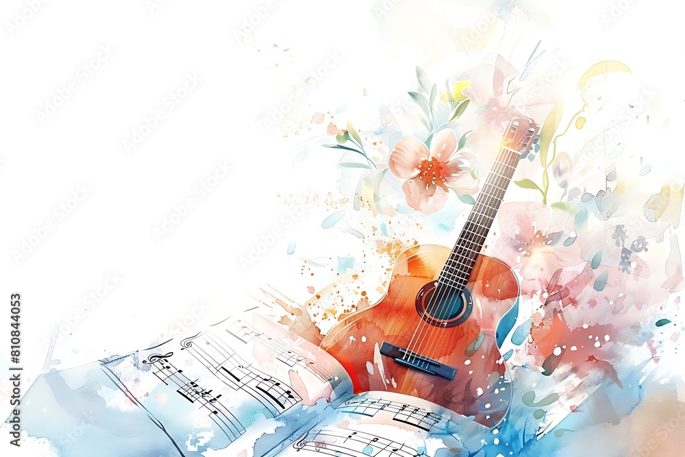 watercolor guitar and notes sheet flower, style of grunge, musical ...