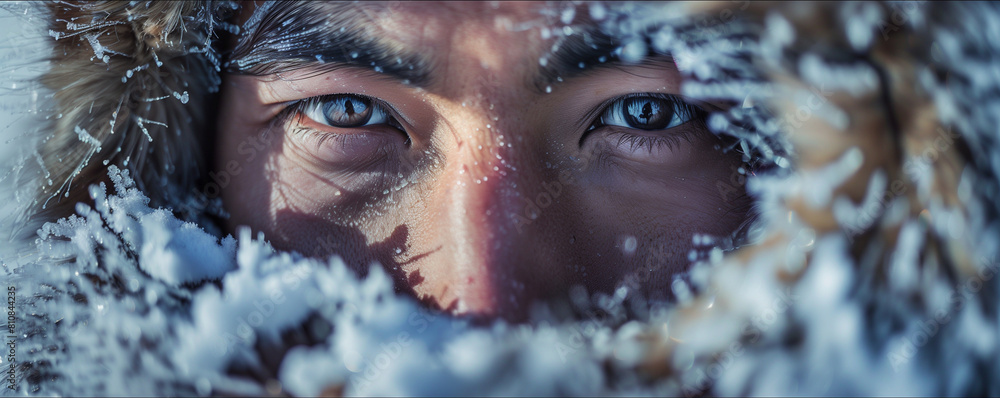 Inuit man face on frozen landscape, cold, eskimo, generated ai Stock ...