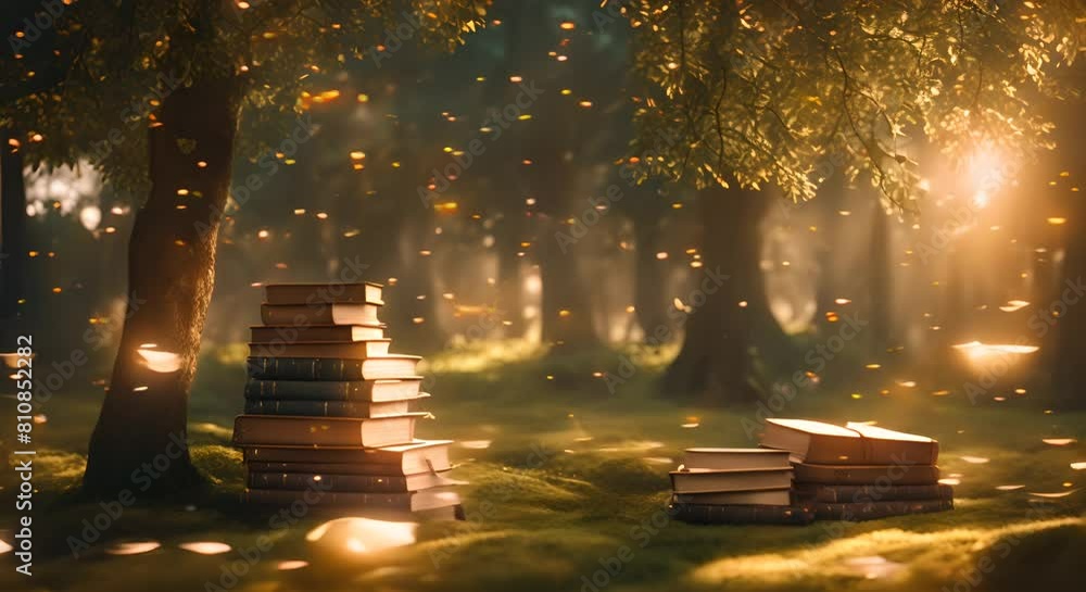 Old books in the magic forest Fantasy world 3D rendering Enter a ...