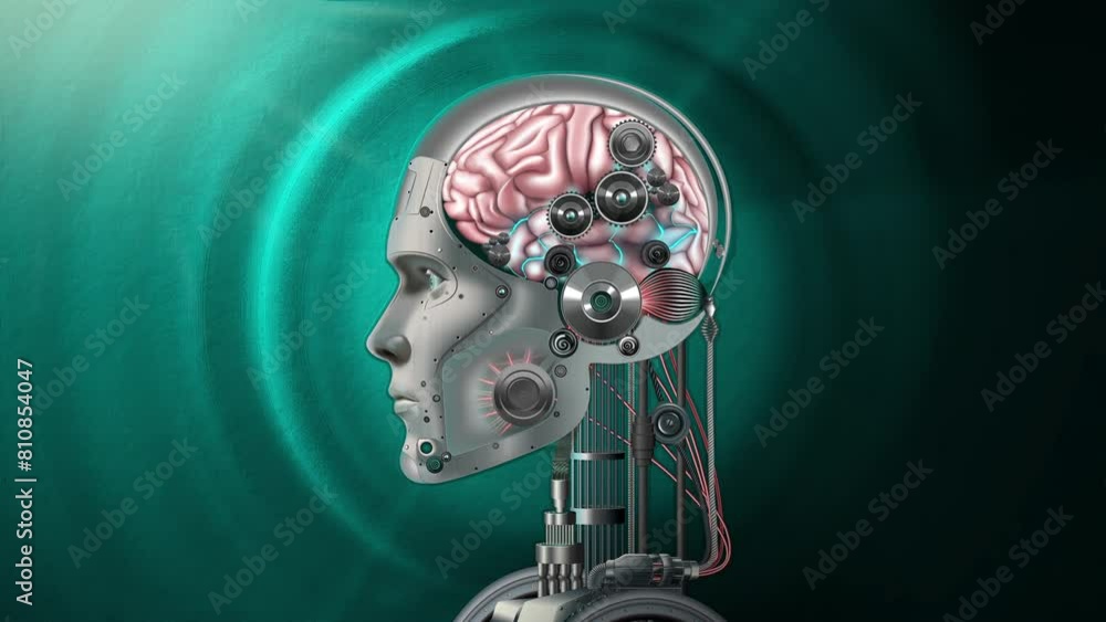 Robot Head with Human Brain, Lightning Nerves and Rolling Gears On The ...