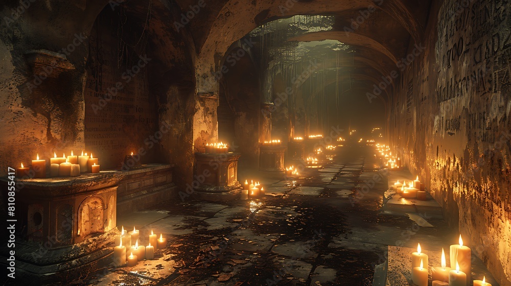 Visualize an ancient crypt where rows of candles illuminate faded ...