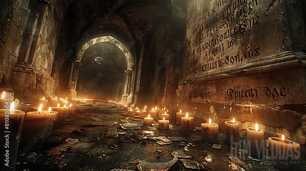 Visualize an ancient crypt where rows of candles illuminate faded ...