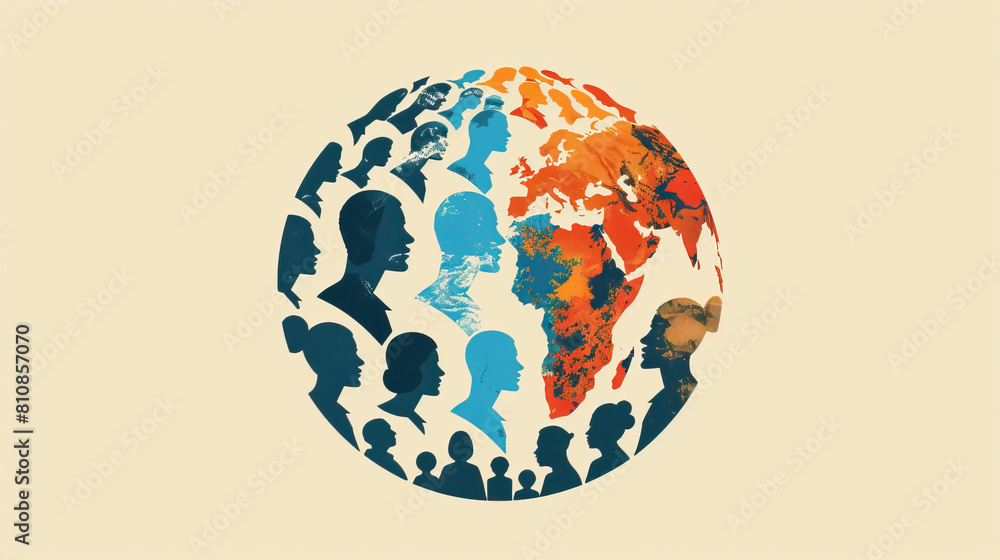 watercolor art of people heads merged in world globe shape textured art ...