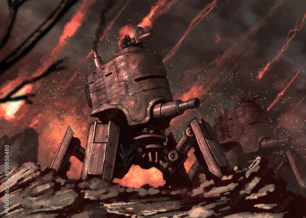 A huge steampunk tank with a giant cannon on spider legs and a dwarf in ...