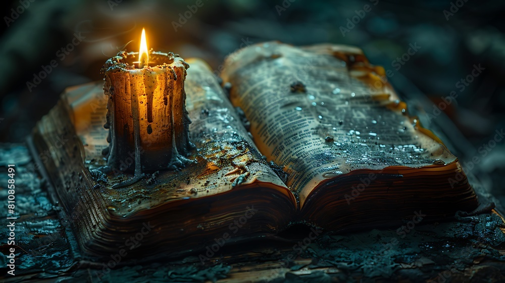 Capture a secretive midnight scene where a spell book opens to reveal ...