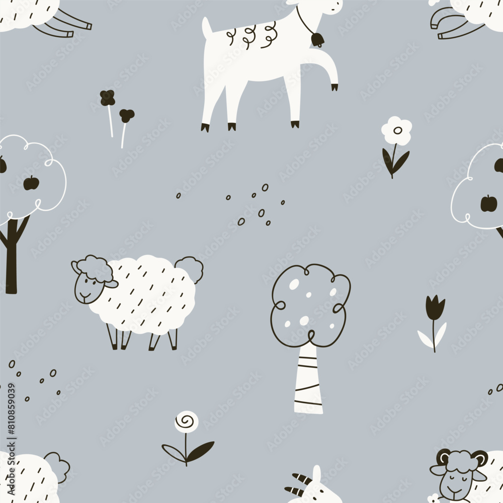 Farm animals, seamless countryside pattern in Scandinavian style ...