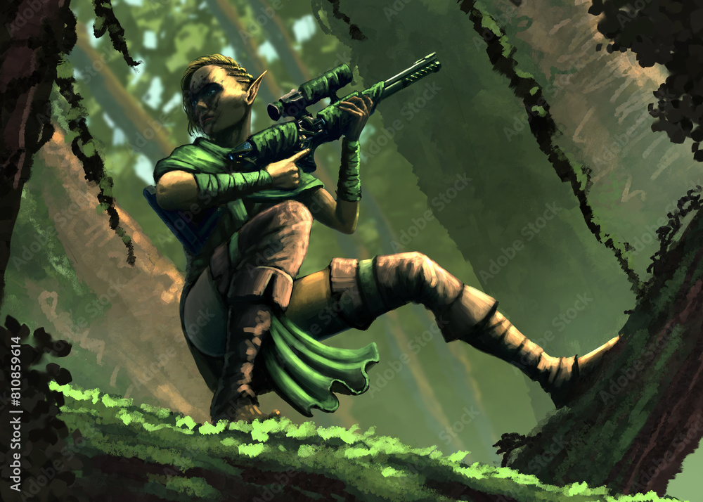 A beautiful elf sniper with a rifle in green clothes, with camouflage ...