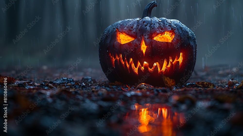 Encounter a hauntingly illuminated pumpkin with a grotesque face, set ...