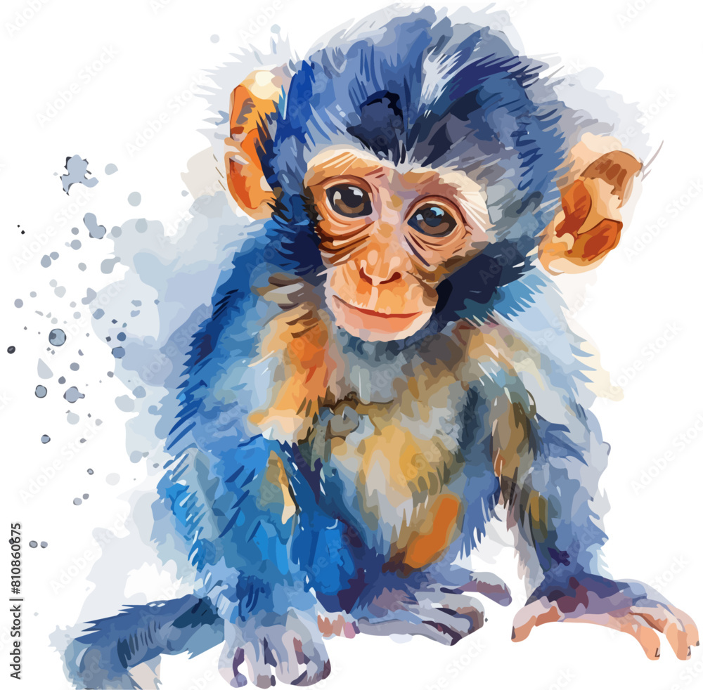 Watercolor of a baby monkey, isolated on a white background, baby ...