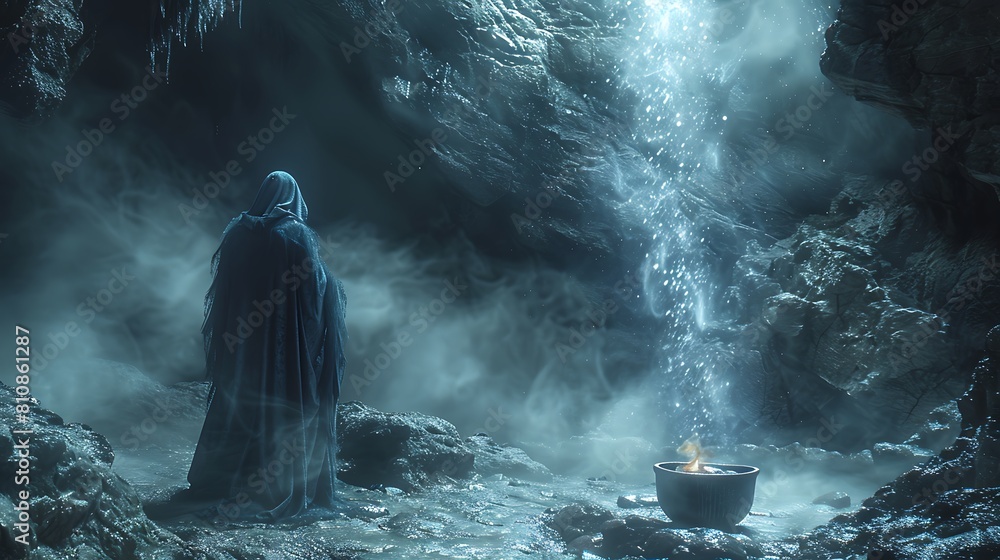 Experience a chilling scene inside a dimly lit cave where a witch ...