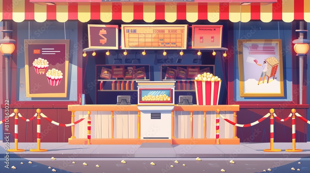 Cartoon movie theater interior with cashbox and popcorn counter, film ...