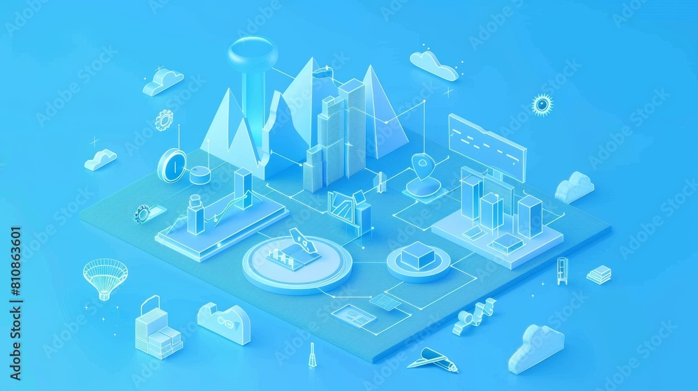 On blue background, a long tail keyword banner with an isometric chart ...