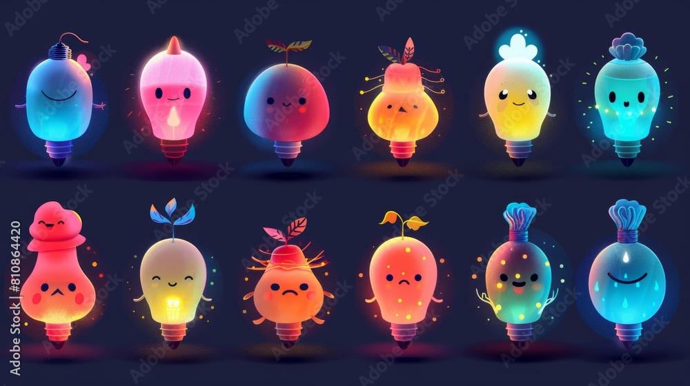 Set of funny light bulbs characters. Illustrated with sad and happy ...