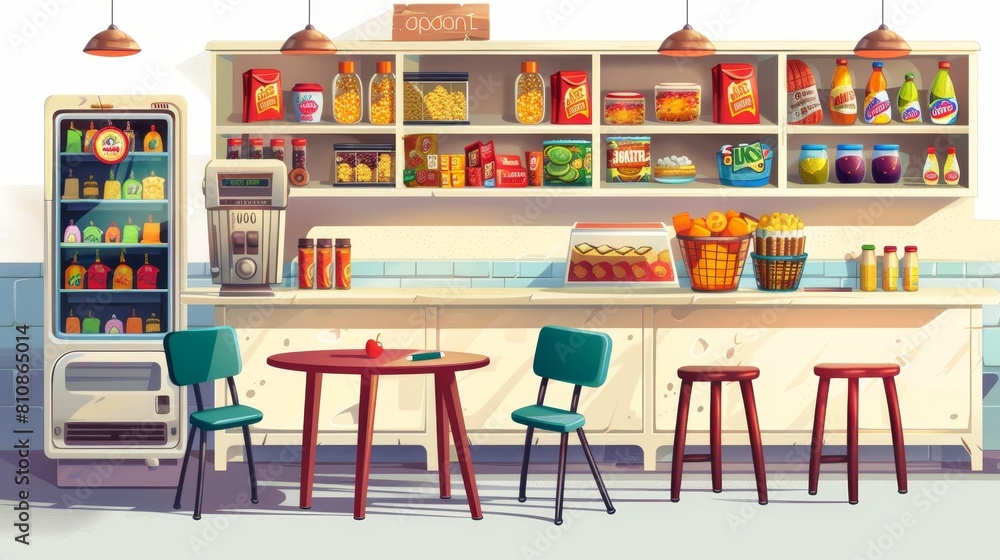 Cartoon illustration of a school cafeteria, college canteen and dining ...