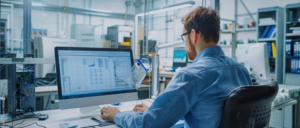 Back View of Industrial Engineer Working on Desktop Computer in Bright Office. Screens Show IDE ...