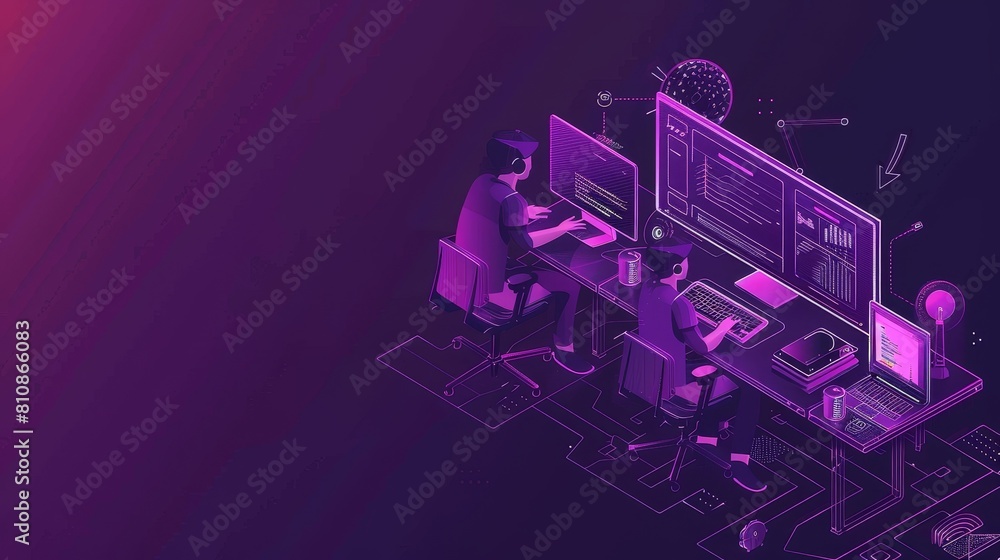 Isometric landing page for hackathon. Team of programmers, project managers, graphic designers ...