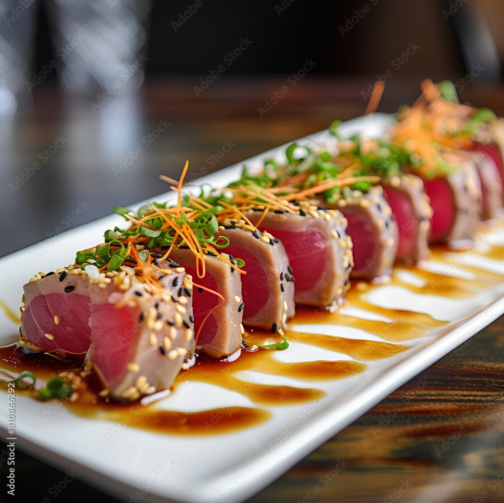 Tuna tataki, Japanese dish made from seared tuna, served sliced and ...